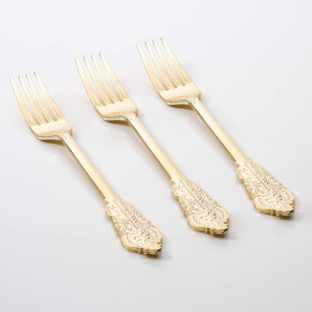 Venetian Design Gold Plastic Forks | 20 Forks – Gonzales Party Store