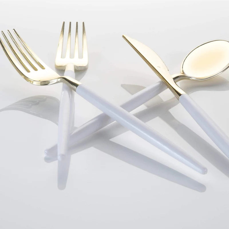 White • Gold Plastic Cutlery Set | 32 Pieces – Gonzales Party Store